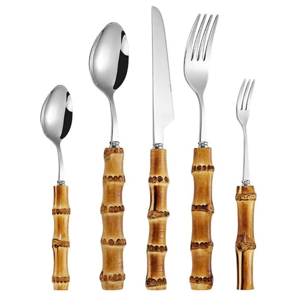 Bay Isle Home™ 30 Piece Bamboo Flatware Sets, Household Kitchen Bamboo Utensil Flatware Sets For ...